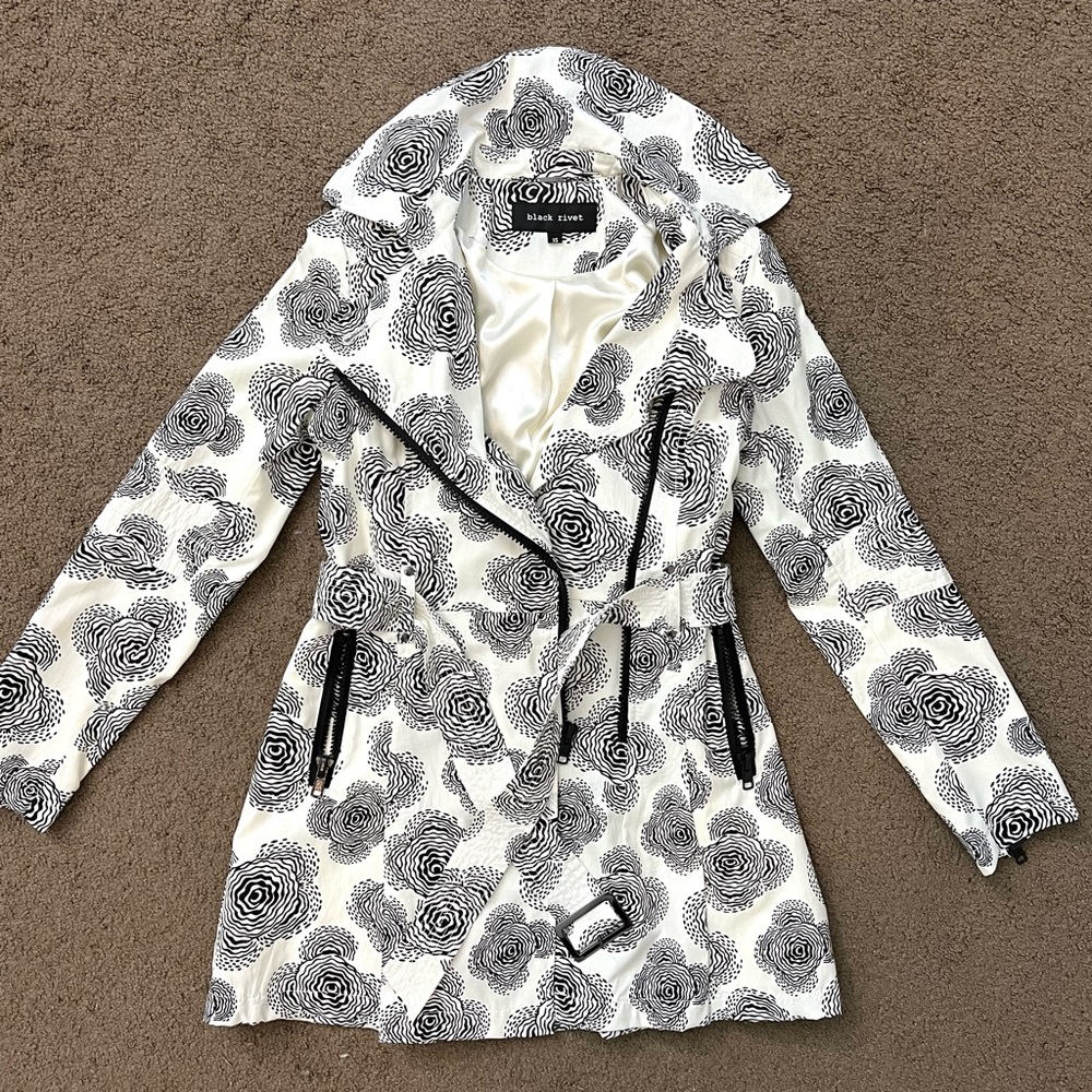 Black Rivet Coat Moto Jacket Black And White Flowers … - Gem